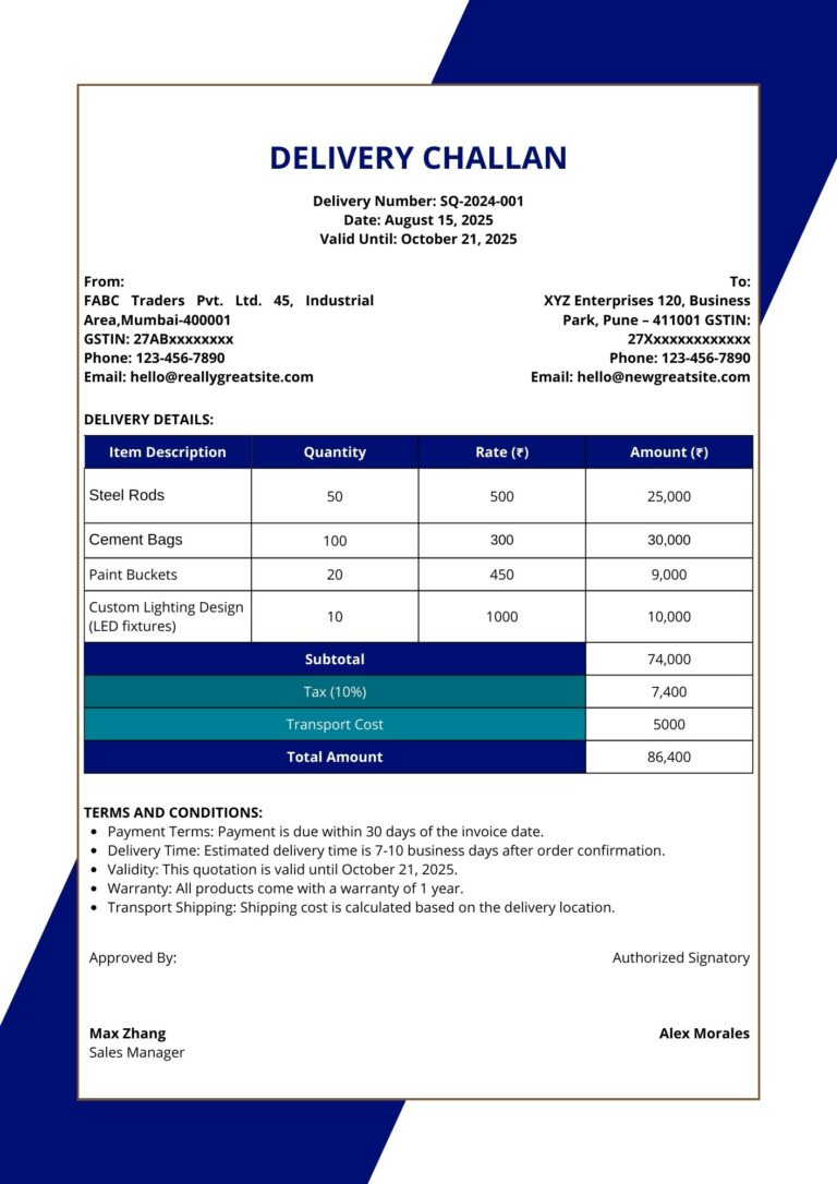Delivery Challan Format Free ( PDF )