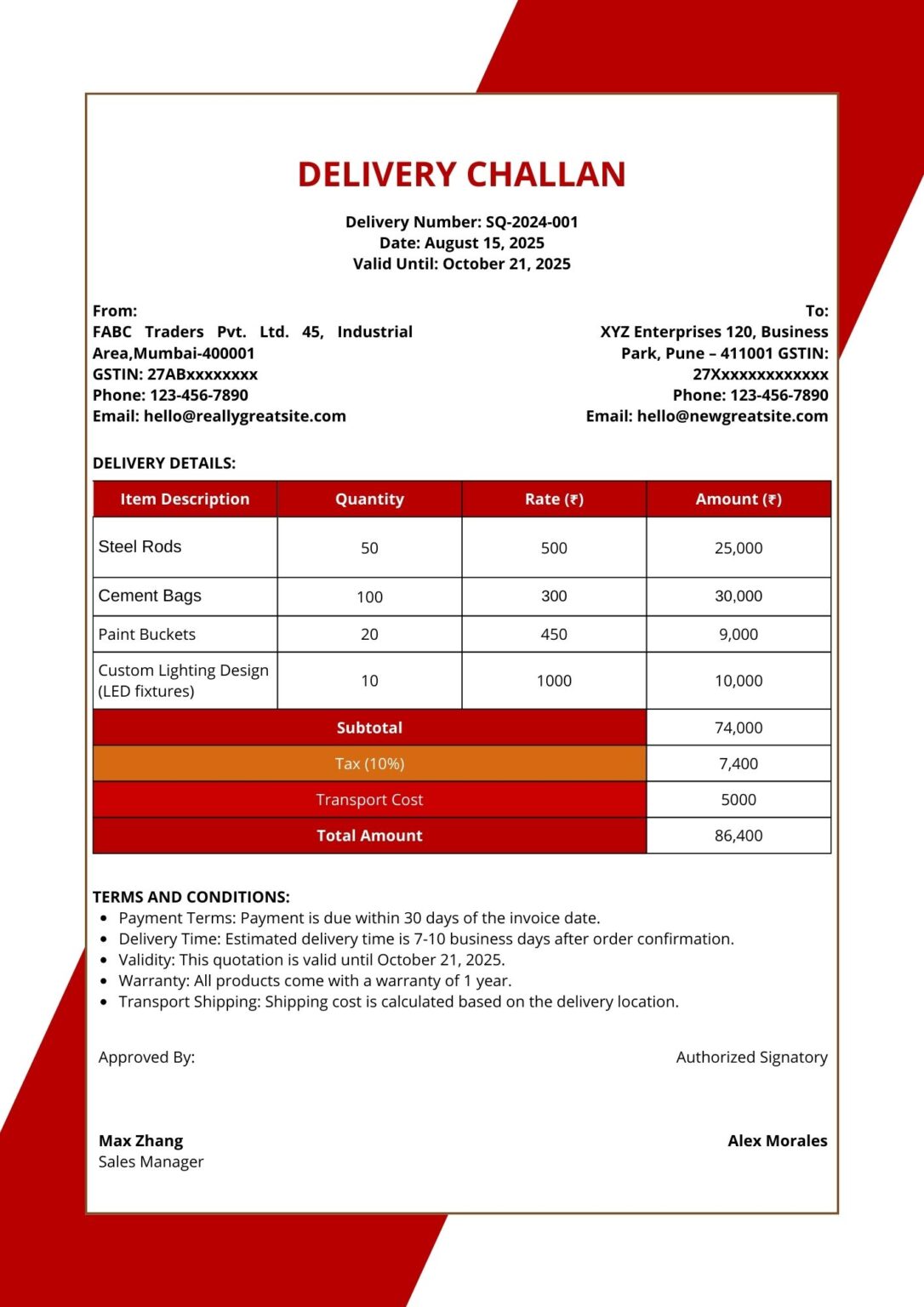 Delivery Challan Format Free ( PDF )